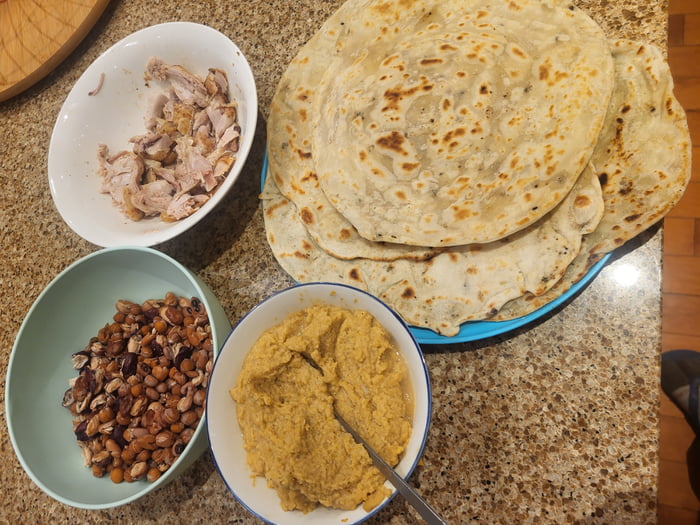African inspired dinner. Chipat, humus, roasted chicken and beans - 9GAG