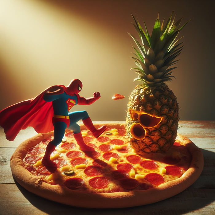 I asked AI for an image of a pineapple fighting a pepperoni pizza, this ...