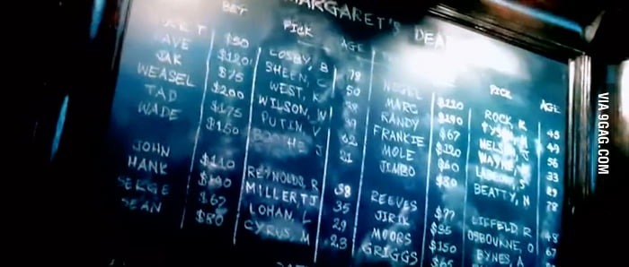 I've never noticed the names on the deadpool betting table. brilliant ...