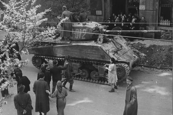 Soviet M4A2(76)W Sherman in the liberated Czechoslovak city of Brno ...