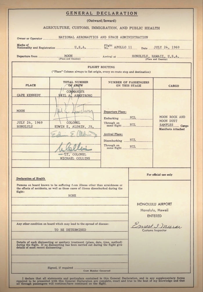 This is the U. S. Customs form Neil Armstrong had to fill out when he ...