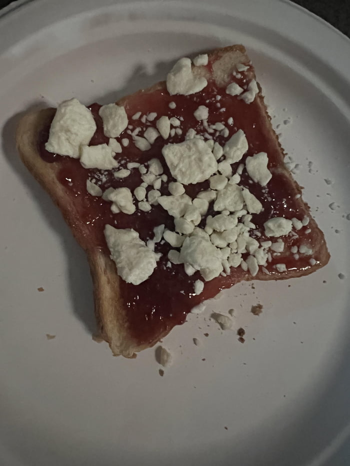 Four Berries preserves and feta cheese on toast. - 9GAG