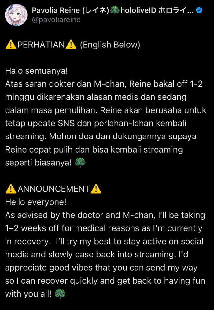 Reine will be taking 1-2 week break from streaming to recover due to medical reasons. Sending ...