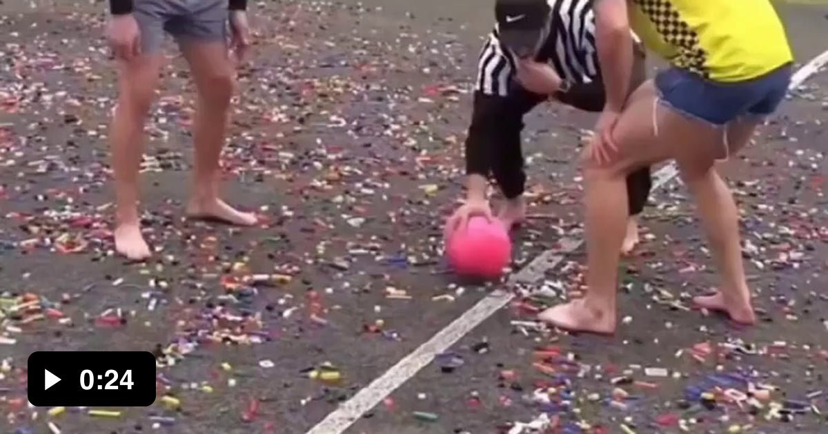 Football with bowling ball on lego field - 9GAG