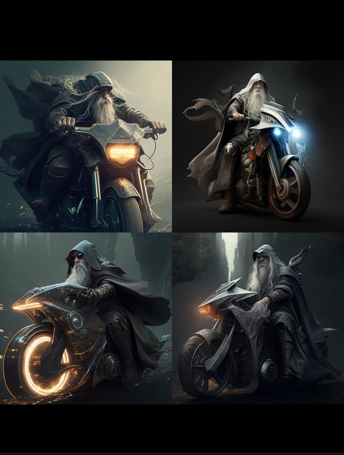 Told AI to draw Gandalf on motorcycle futuristic - 9GAG