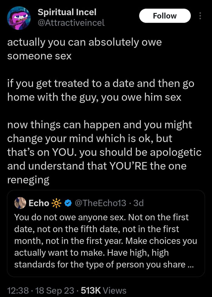 This Sad Person Thinks Women Can Owe Someone Sex 9gag