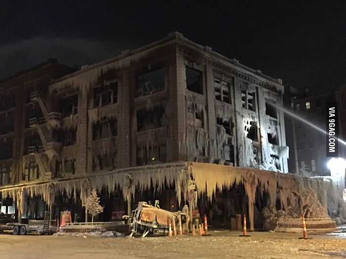 Building destroyed by fire in freezing weather looks like something ...