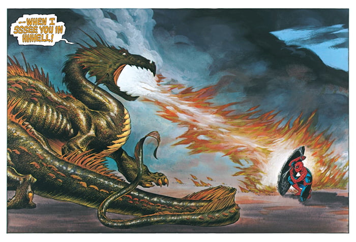 Spider-man fights a dragon, from Amazing Spider-man: Hooky (art by ...
