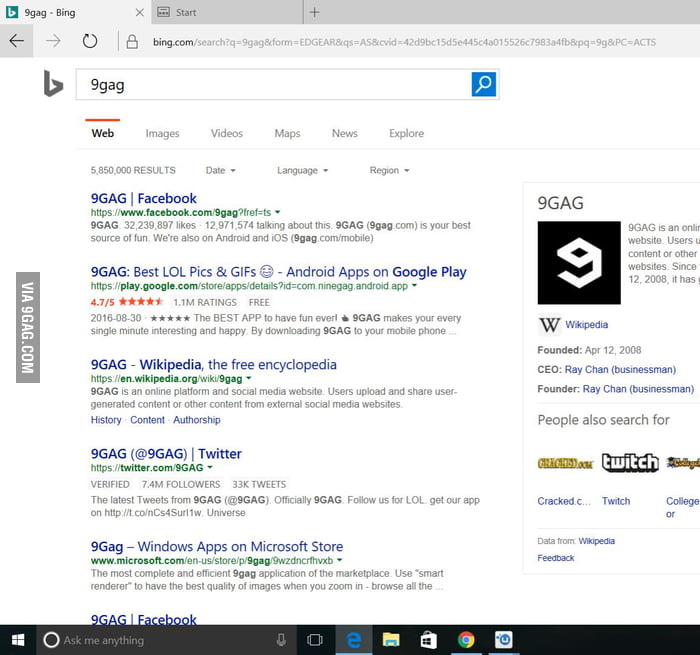 Showed everything except 9gag site....... Bing everyone - 9GAG