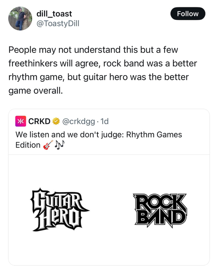 A true connoisseur's take on the rhythm game debate. Rock Band for the win, but Guitar Hero ...