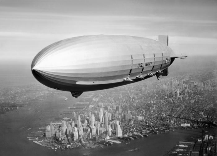 Naval airship USS Macon (ZRS-5) flies over New York Harbor, circa 1933 ...