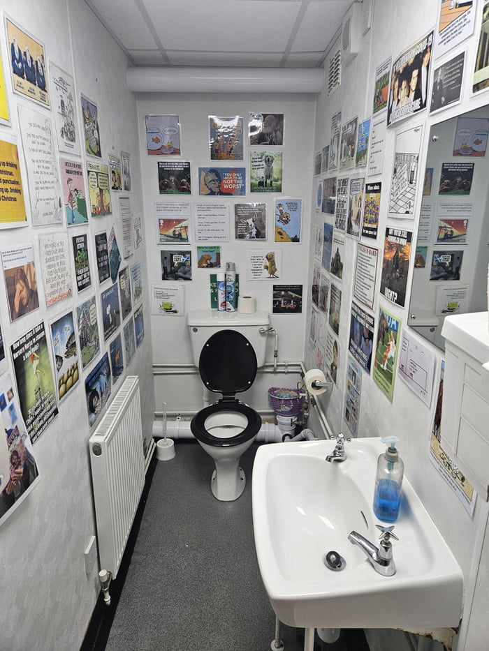Teachers bathroom covered in printed and laminated memes - 9GAG