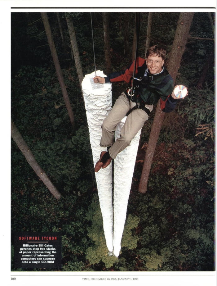 Billionaire Bill Gates perches atop two stacks of paper representing ...