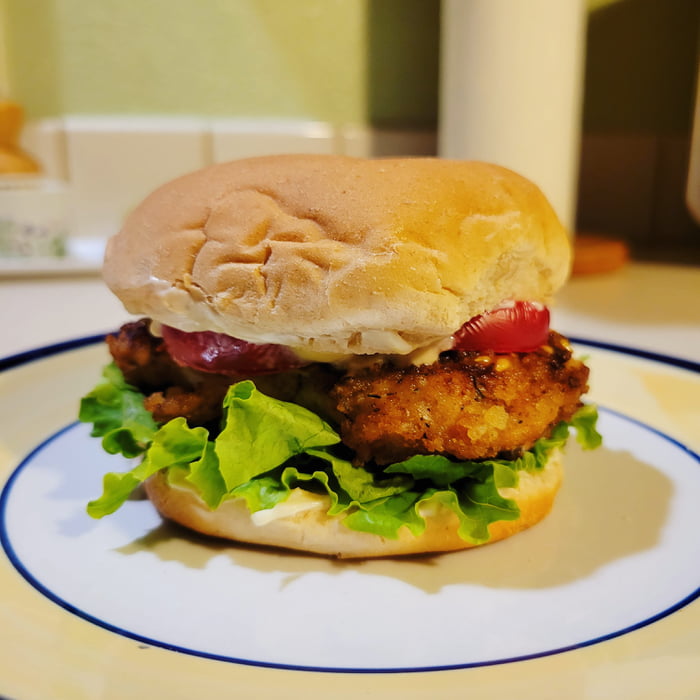 Dijon breaded chicken burger with lettuce and tomato. - 9GAG