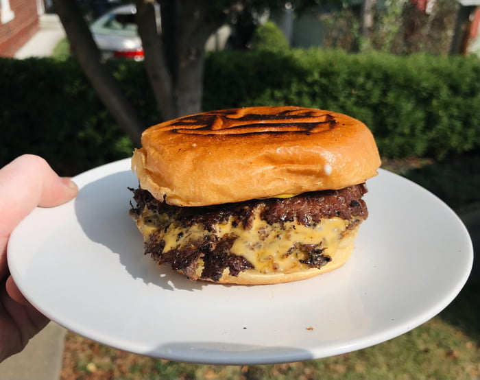 Double cheeseburger on a slightly burnt bun, oops. - 9GAG