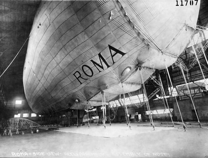 The Roma Airship, c 1921. inside of the 'Lighter-Than-Air' building of ...