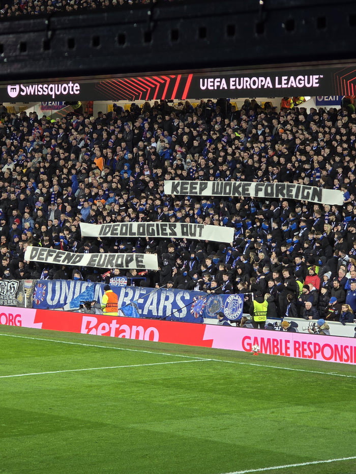Rangers FC fans last night with a far-right "Defend Europe" banner - 9GAG