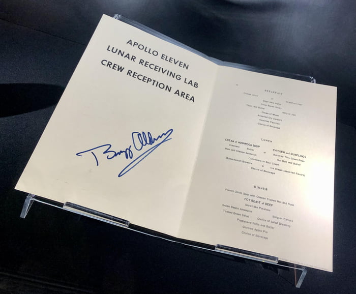 A signed menu by Apollo 11 astronaut Edwin ‘Buzz’ Aldrin whilst in ...