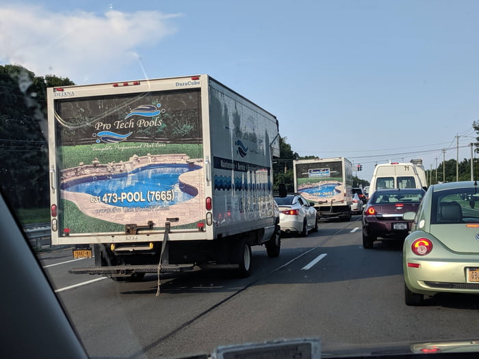 Two different pool company trucks with the exact same pool photo - 9GAG