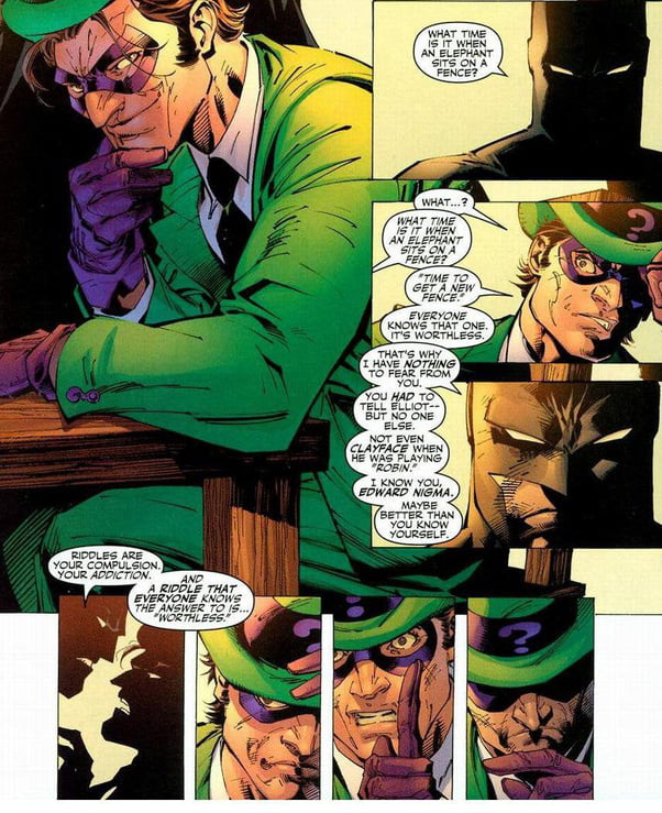 Batman convincing Riddler not to publicize his secret identity by ...