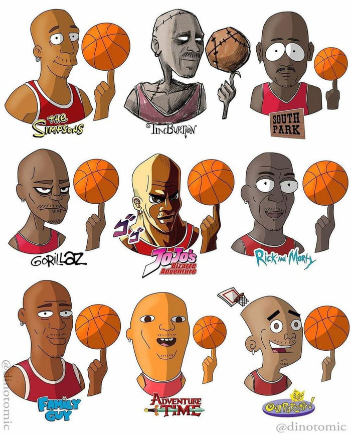 Michael Jordan drawn in 9 different cartoon styles - 9GAG