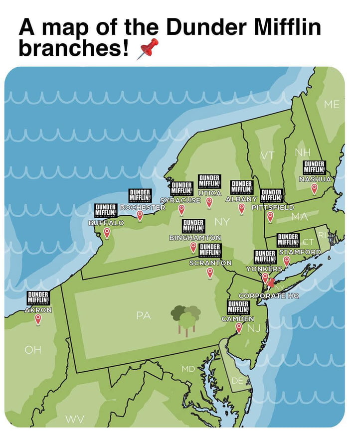 A cool guide to Dunder Mifflin branch locations - 9GAG