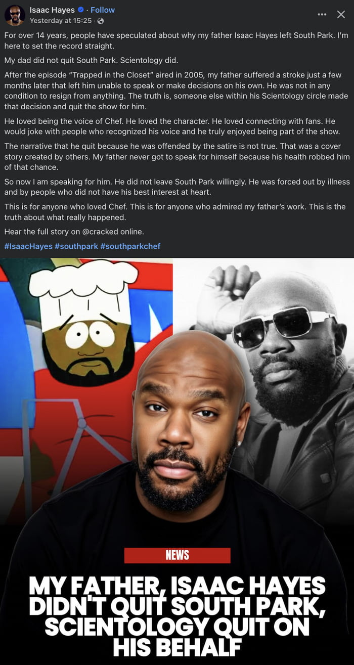 Isaac Hayes son addresses his father quitting South Park in a fb post ...