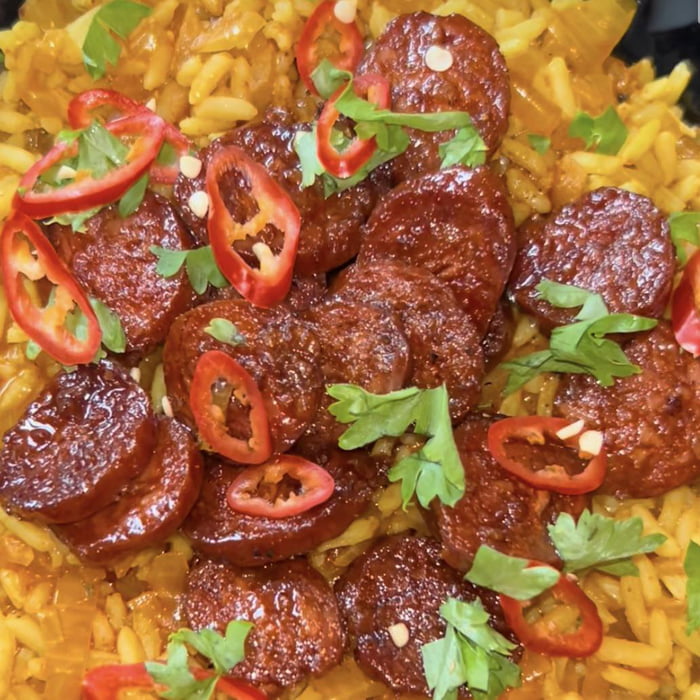 Honey & Cognac flambéed chorizo and savoury rice - 9GAG