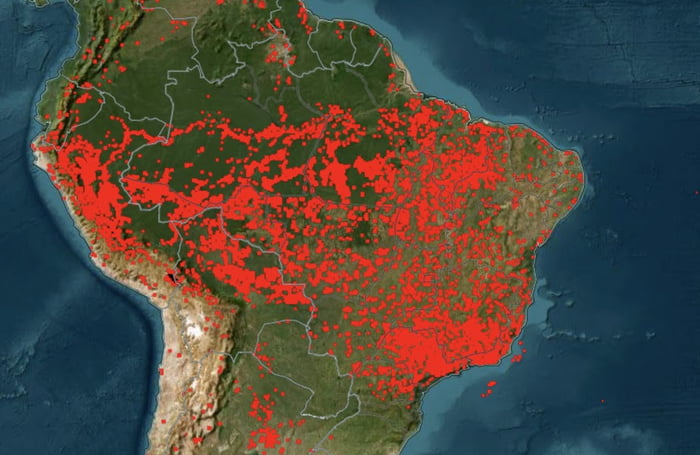 NASA map shows the location of forest fires in Brazil. - 9GAG