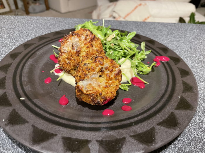 Mushroom parmesan arancini with sweet garlic cream, roasted beet and ...