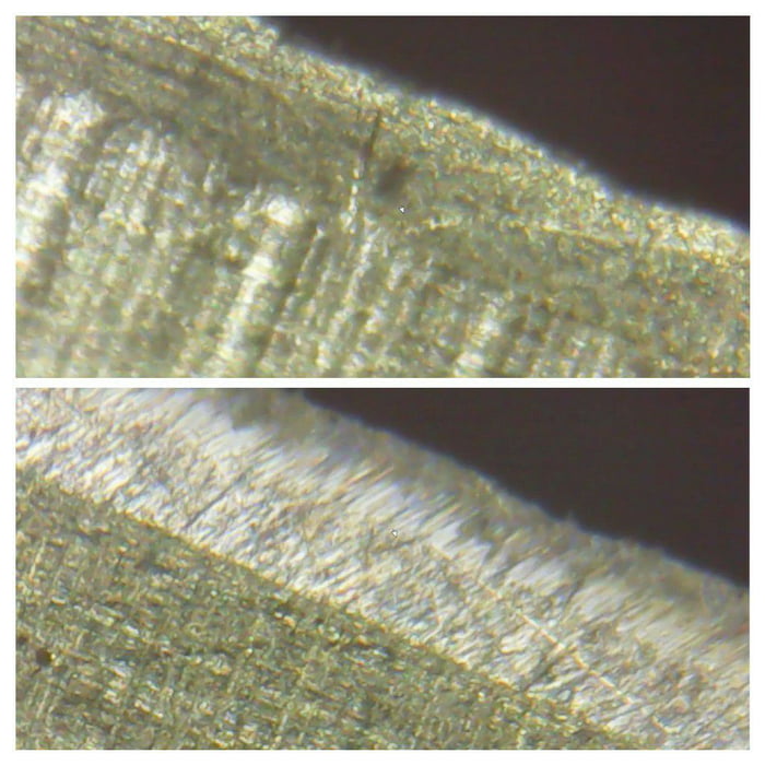 Bought a sharpening jig for kitchen knifes. Before and after with a ...