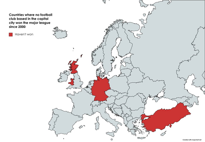 Countries where no football club based in the capital city won the ...