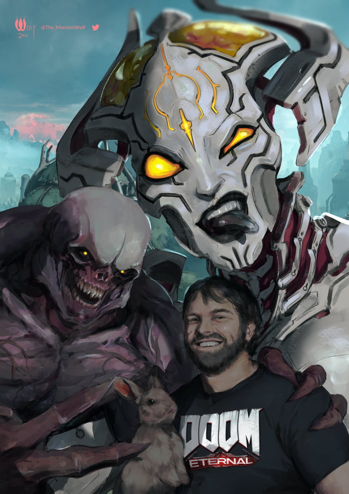 Drew this little tribute picture of Hugo Martin (DOOM Eternal Game Director) and his employees ...