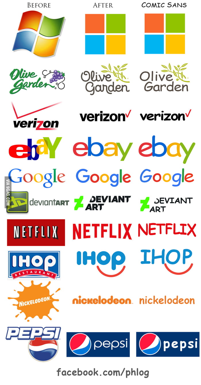 Modern Logos updated with Comic Sans - 9GAG