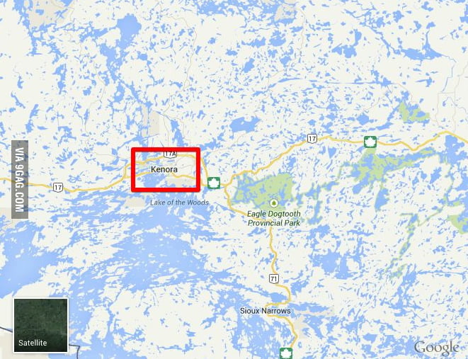 I live in Kenora, Ontario, Canada (red square). Had a tourist ask once ...