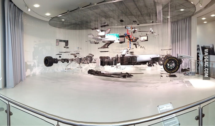 F1 car disassembled and suspended from the ceiling - 9GAG