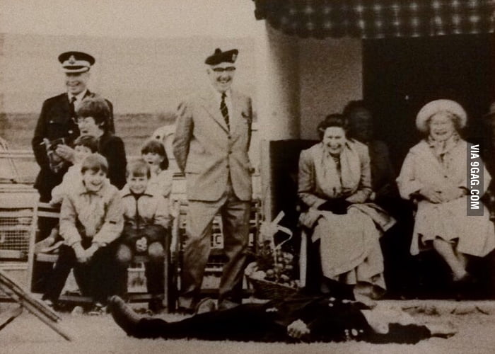 A man after tripping and falling in front of the Queen, 1987 - 9GAG