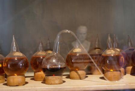 Swan necked flasks - containing nutrient broth for growing bacteria in ...