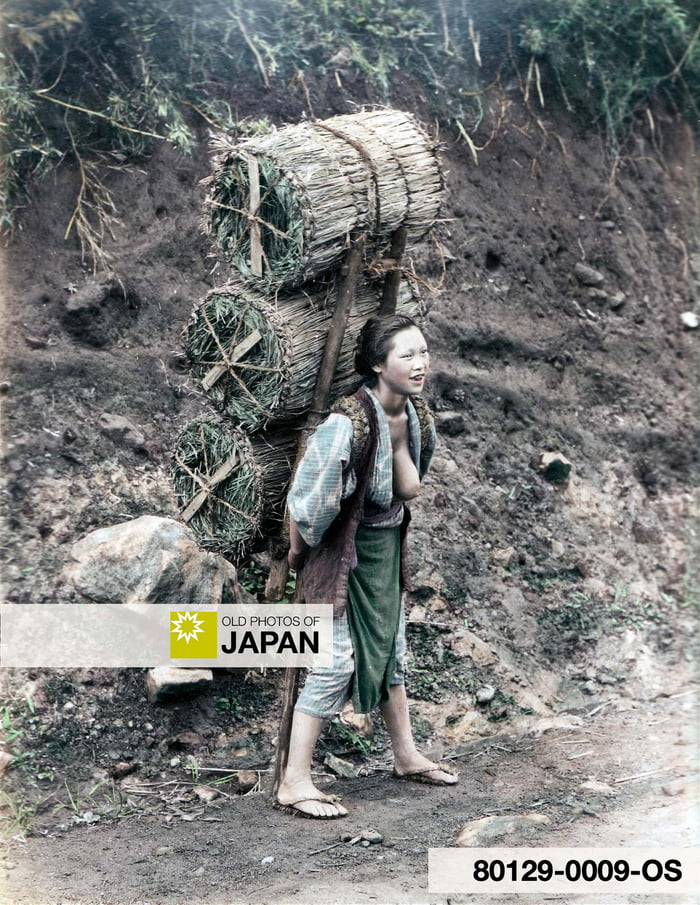 Japanese woman with a charcoal bindle on her back ~ 1890's - 9GAG