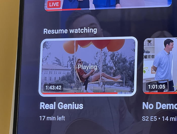 The YoutubeTV thumbnail for the movie Real Genius (1985) shows main ...