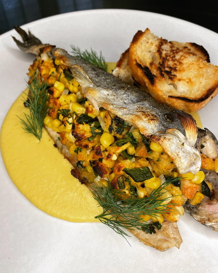 Stuffed Rainbow Trout, Corn, Poblano, Creme Fraiche and Dill - 9GAG
