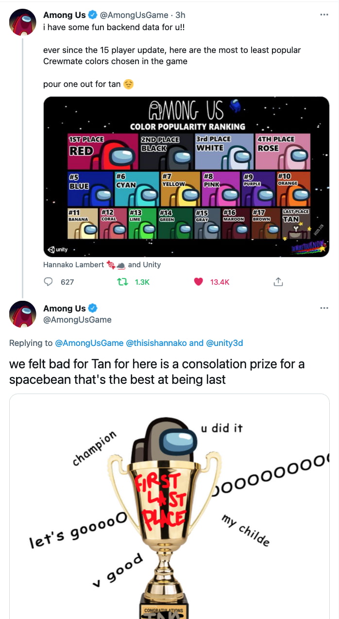 Official Among Us Twitter showing the most popular colours in order - 9GAG