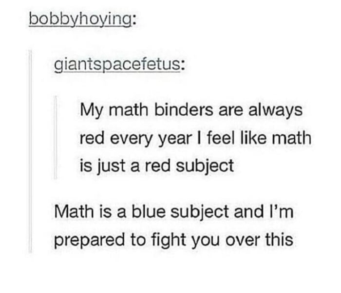 Math: red, History/Social Studies: yellow, Science: green, English ...