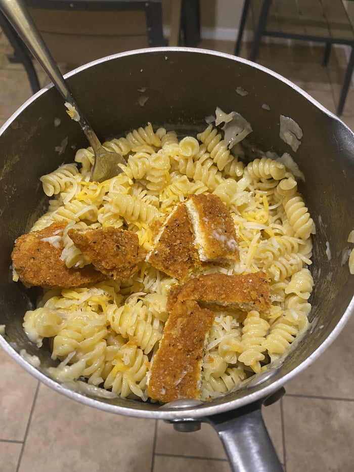 Pasta, butter, cheeses, left over spicy mcchicken - 9GAG