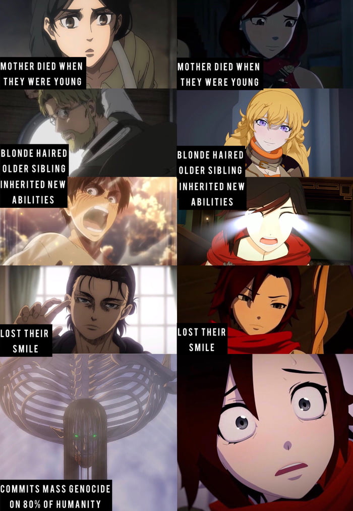 More RWBY X Attack on Titan memes comparing Ruby Rose and Eren Yaeger - 9GAG