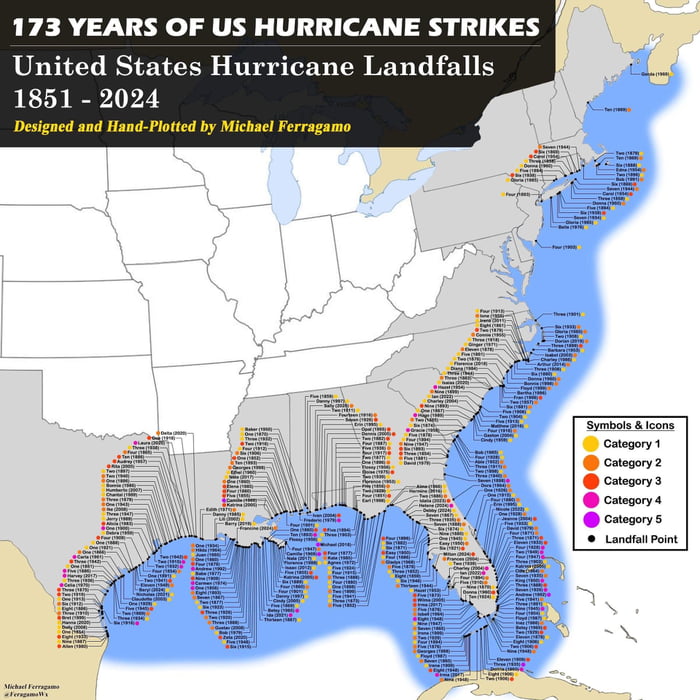 A cool guide of the last 173 Years of Hurricane Strikes in the U.S. - 9GAG