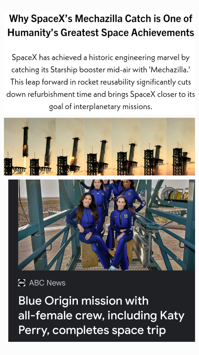 Mechazilla vs. Makeup SpaceX: We are revolutionizing space travel Blue Origin: We are sending ...
