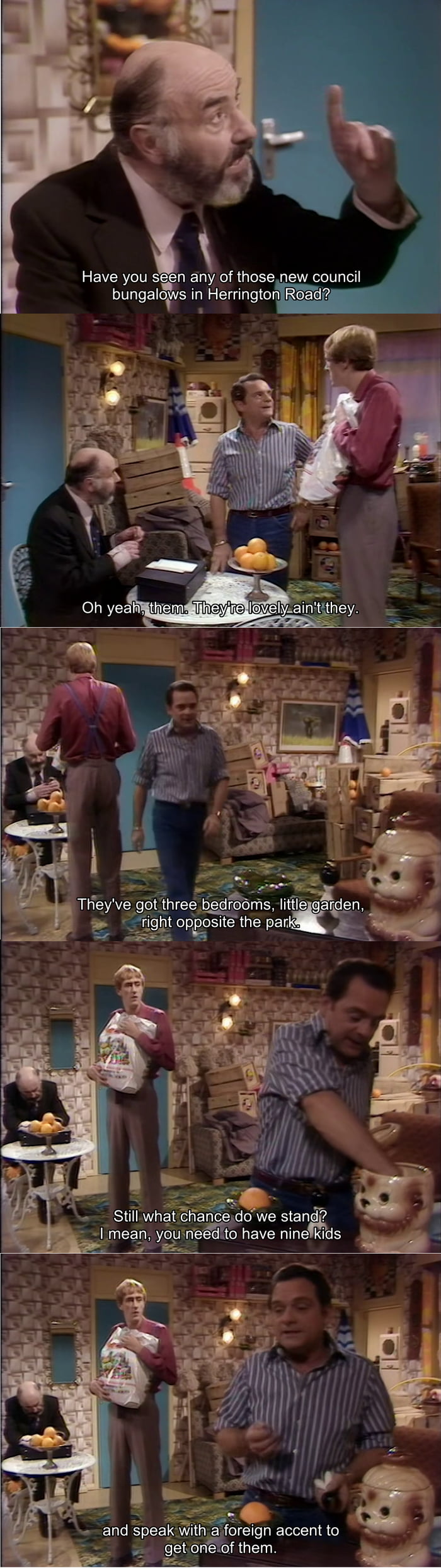 Just normal conversation in British Household imagined in 1980s or they started self destruction ...