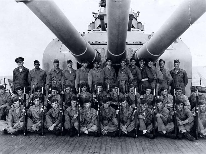 US Marine contingent on board the USS Indianapolis (CA-35)...1945. Nine ...