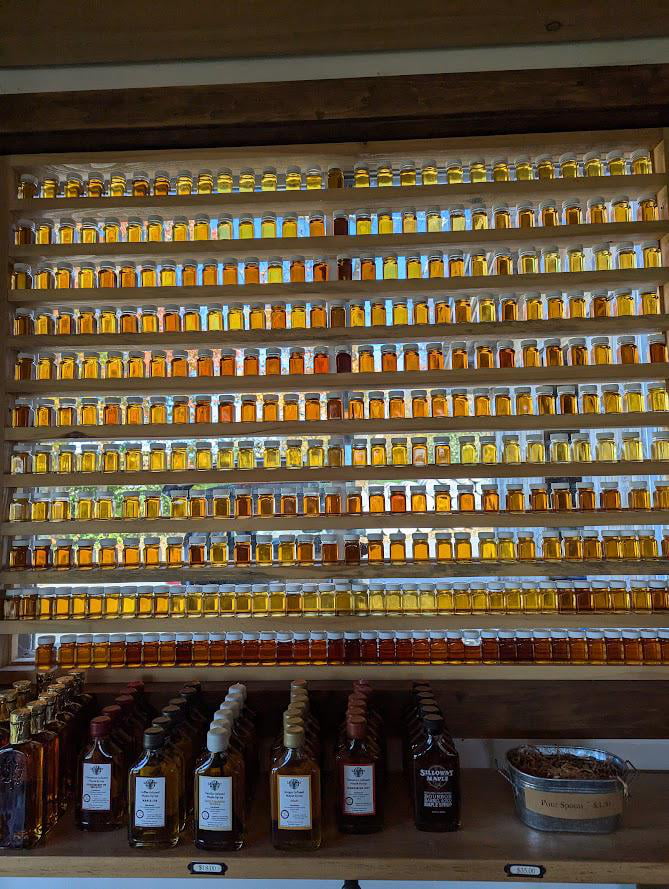 This window with maple syrup samples, one from each batch for the year ...